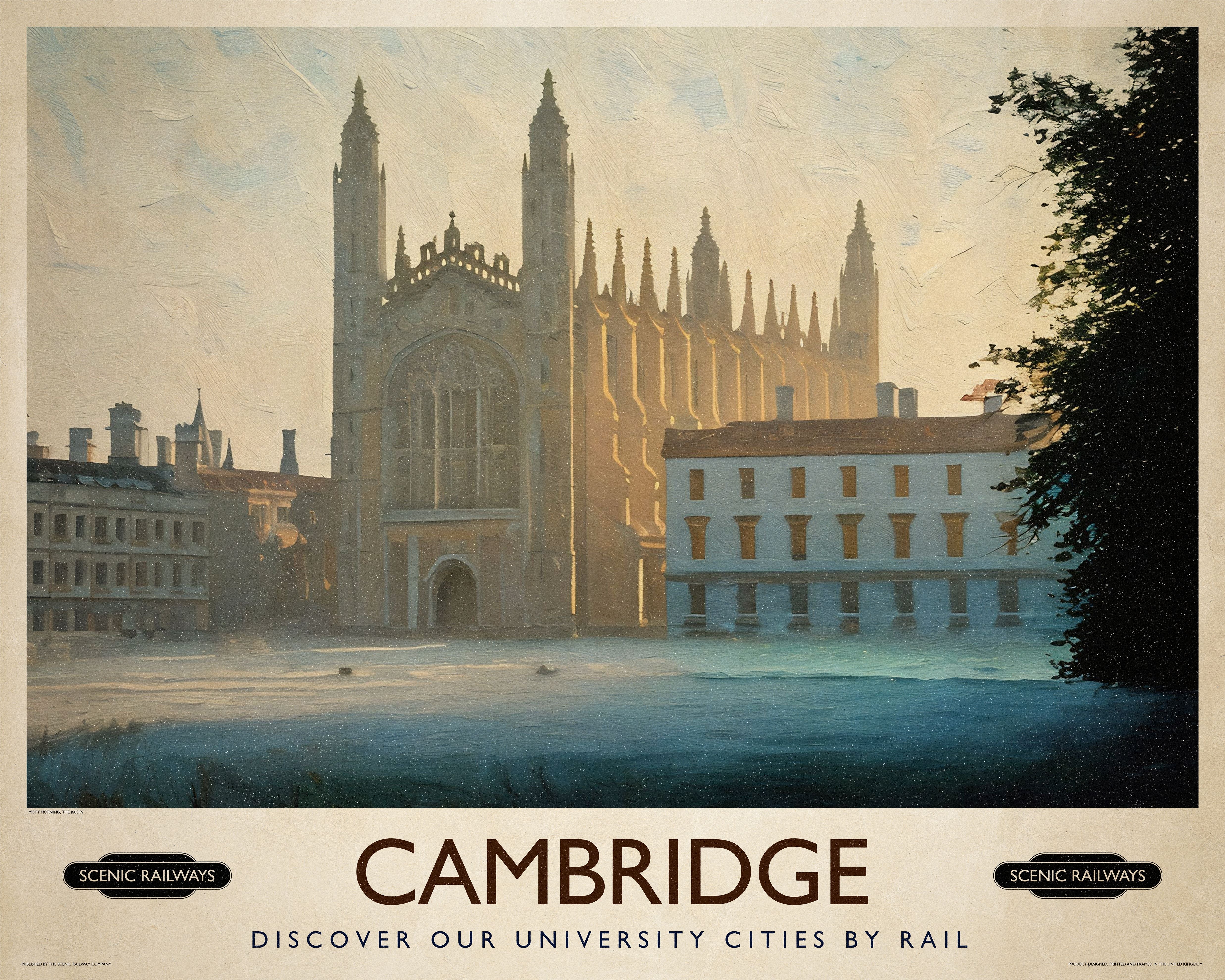 Cambridge, Misty Morning - Vintage Style Travel / Railway Poster ...